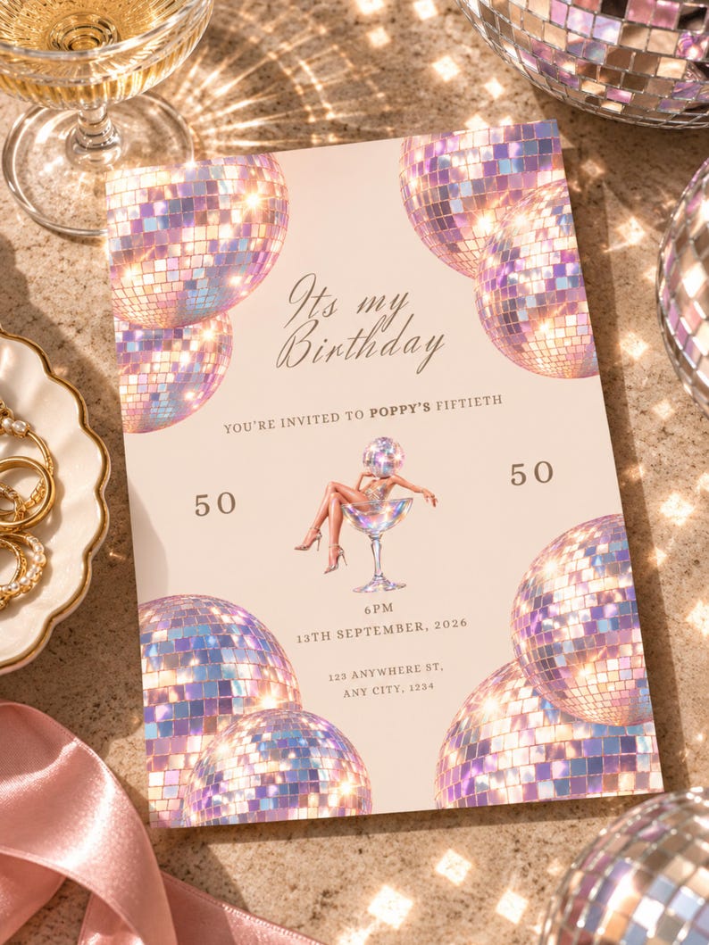Iridescent Disco 50th Birthday Invitation 2.0 | Editable Canva Template ...