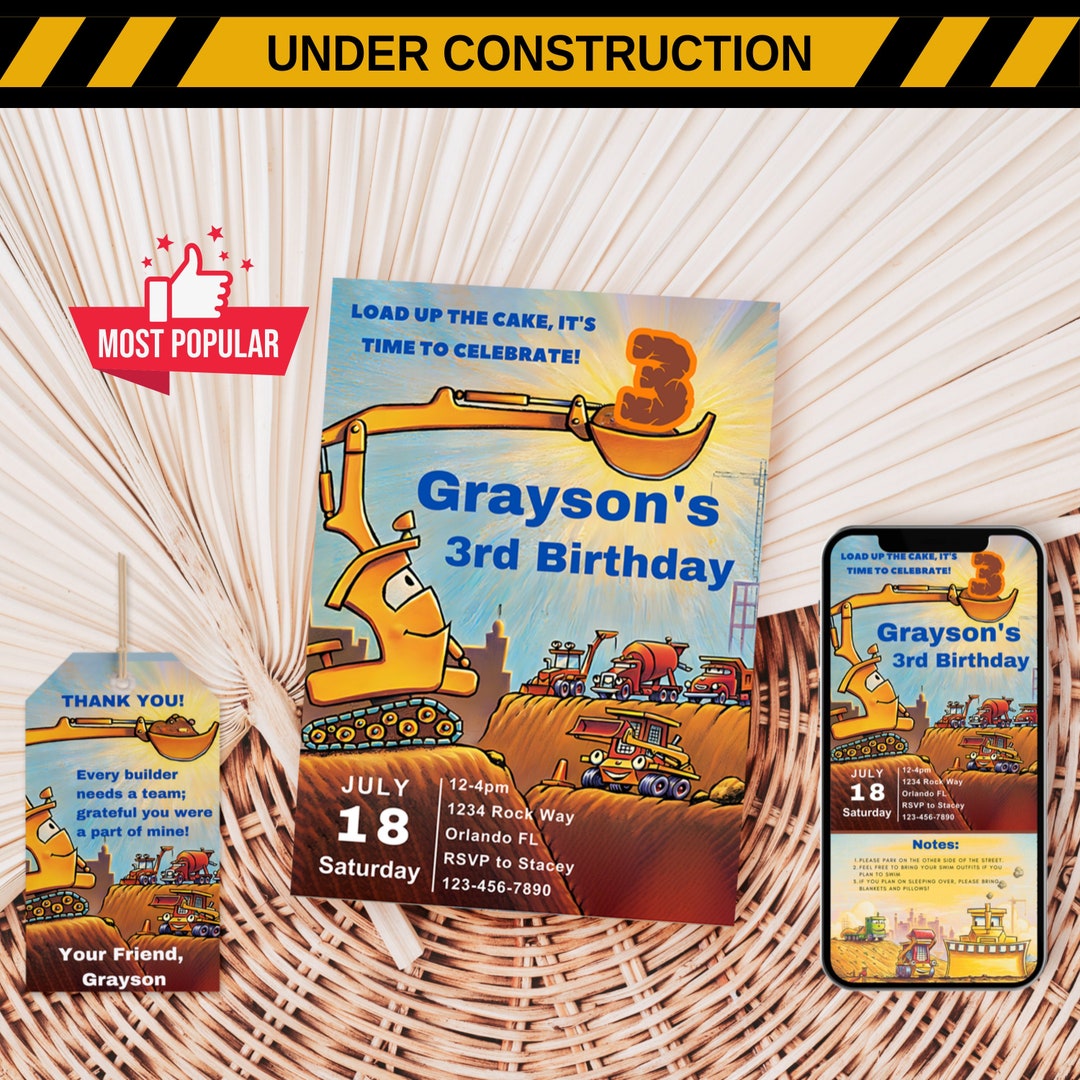 Construction Birthday Invitation | Excavator Dump Truck Party Invite ...