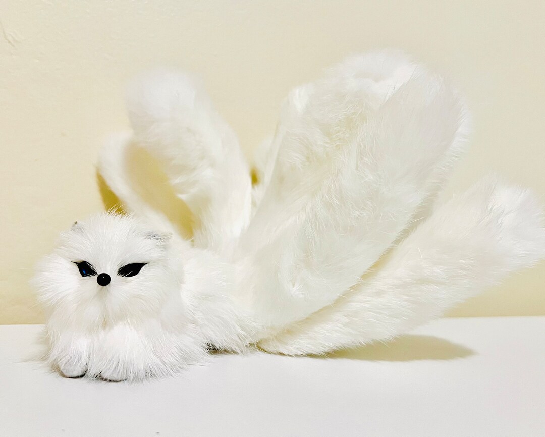 10in Handmade Faux Fur White Fox Spirit Soft Realistic Animal Ninetails ...
