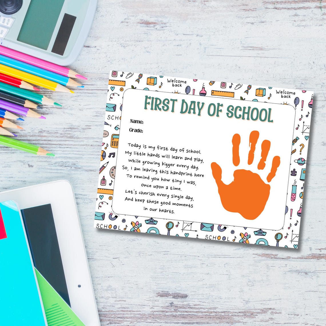 First Day of School Poem Handprint, Kindergarten Preschool Handprint ...