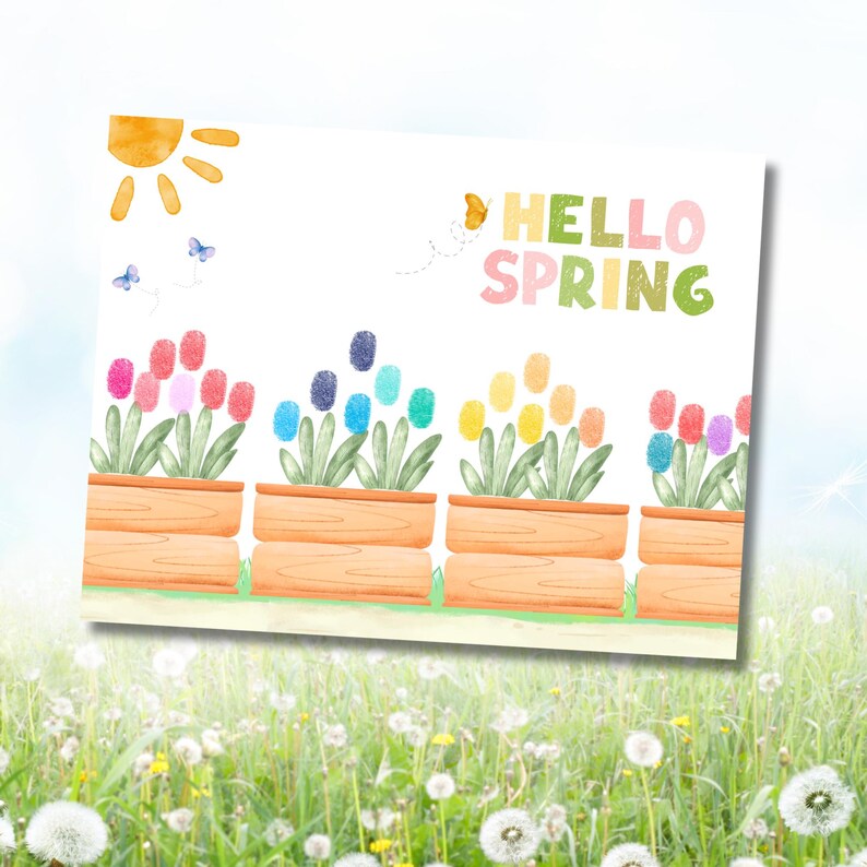 Hello Spring Fingerprint Flower Craft, Spring Handprint Art, Spring ...