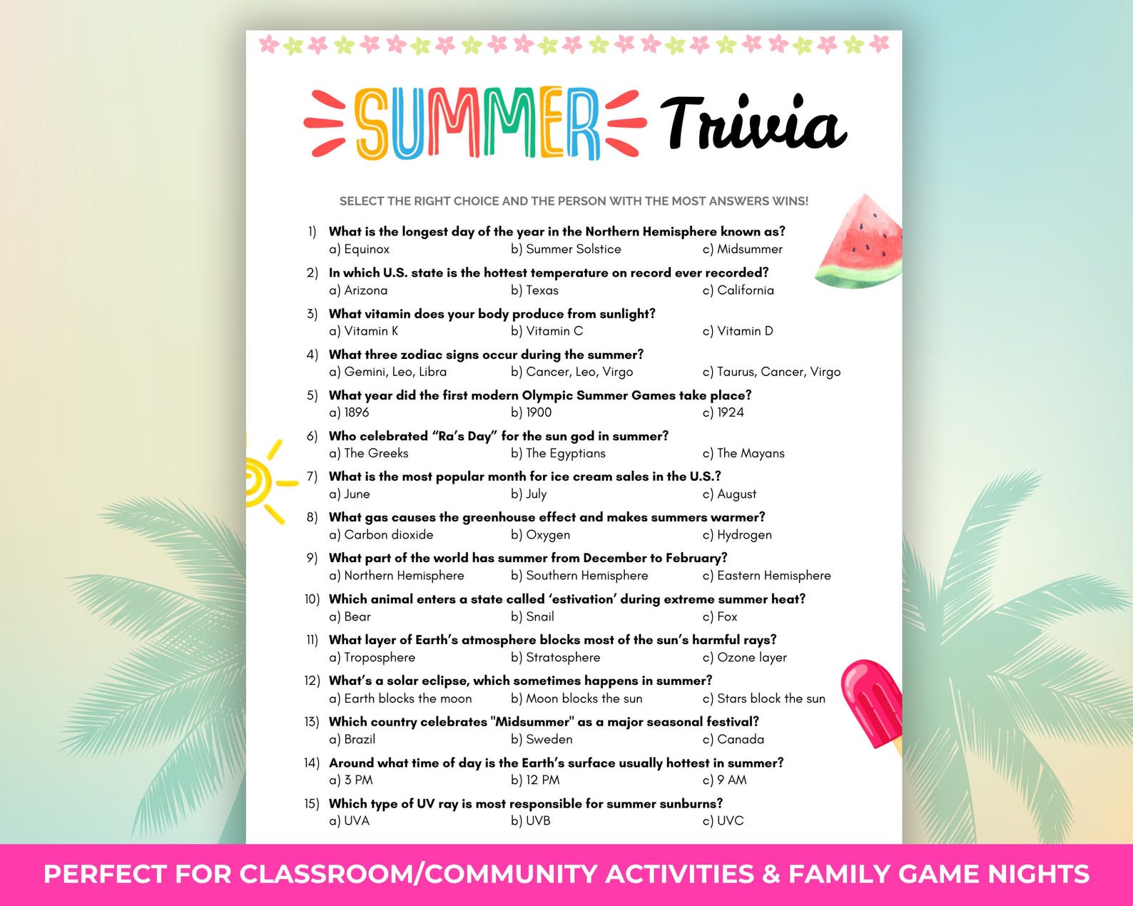 Summer Trivia Game, Summer Party Game,family Games,summer Quiz ...