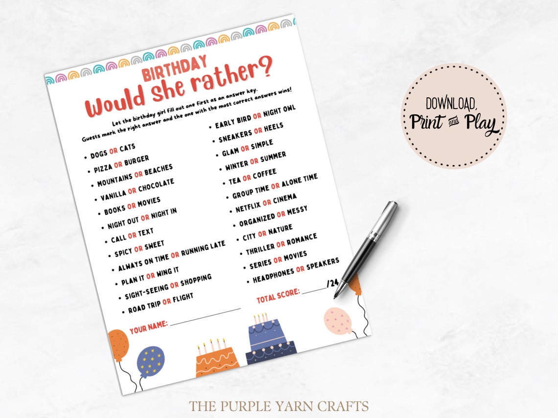 This or That Birthday Game Printable, Would She Rather Birthday Game ...