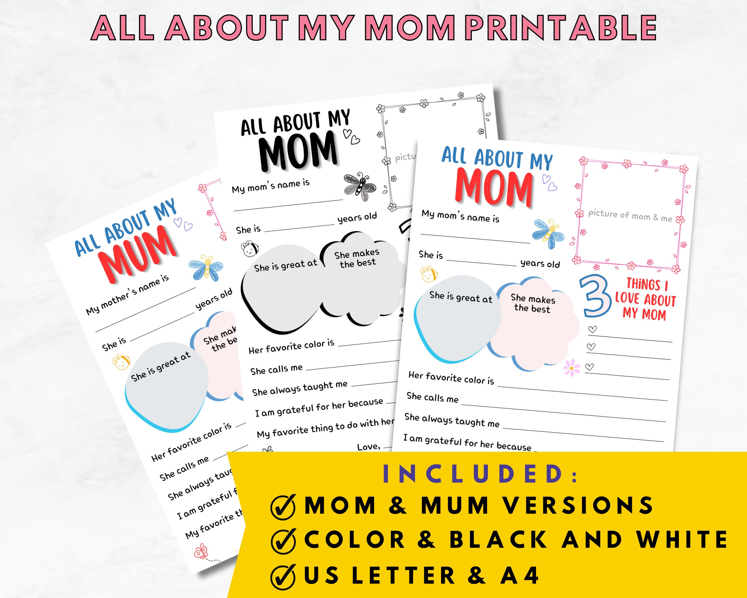 All About My Mom Printable, Mother's Day Printable Worksheet, Mother's ...