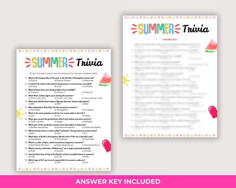 Summer Trivia Game, Summer Party Game,family Games,summer Quiz ...