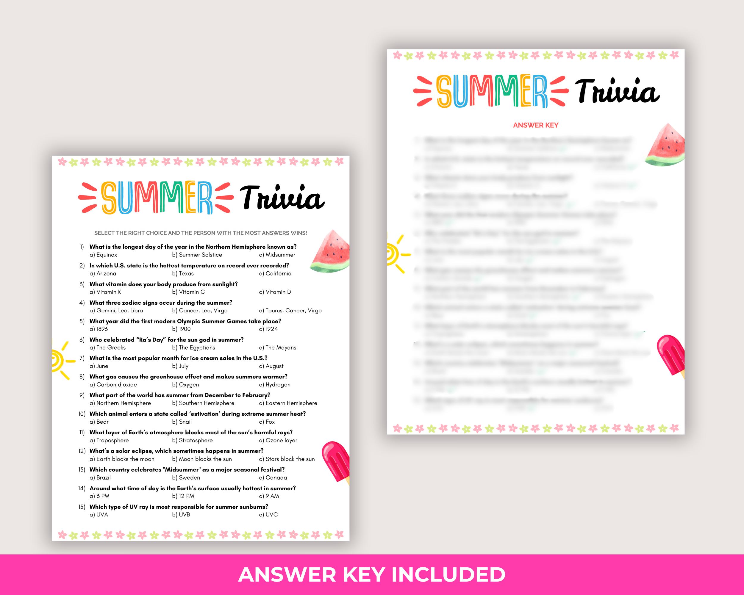 Summer Trivia Game, Summer Party Game,family Games,summer Quiz ...