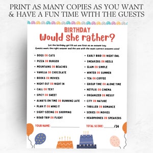 This or That Birthday Game Printable, Would She Rather Birthday Game ...