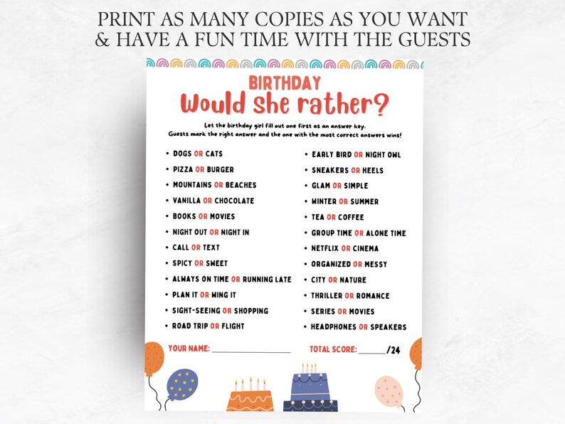 This or That Birthday Game Printable, Would She Rather Birthday Game ...
