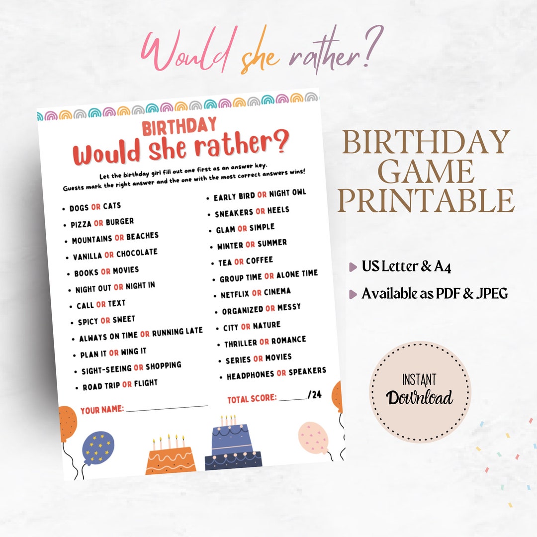 This or That Birthday Game Printable, Would She Rather Birthday Game ...