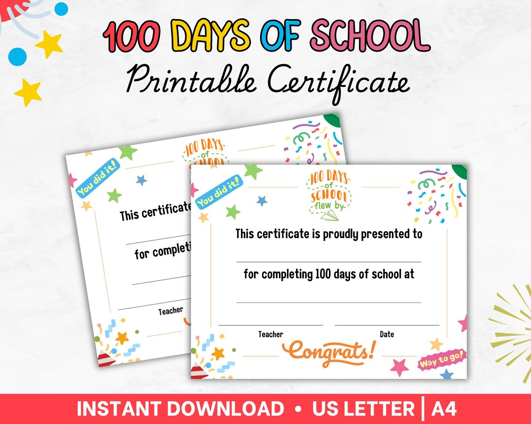 100 Days of School Certificate, 100 Days of School Printable, 100 Days ...