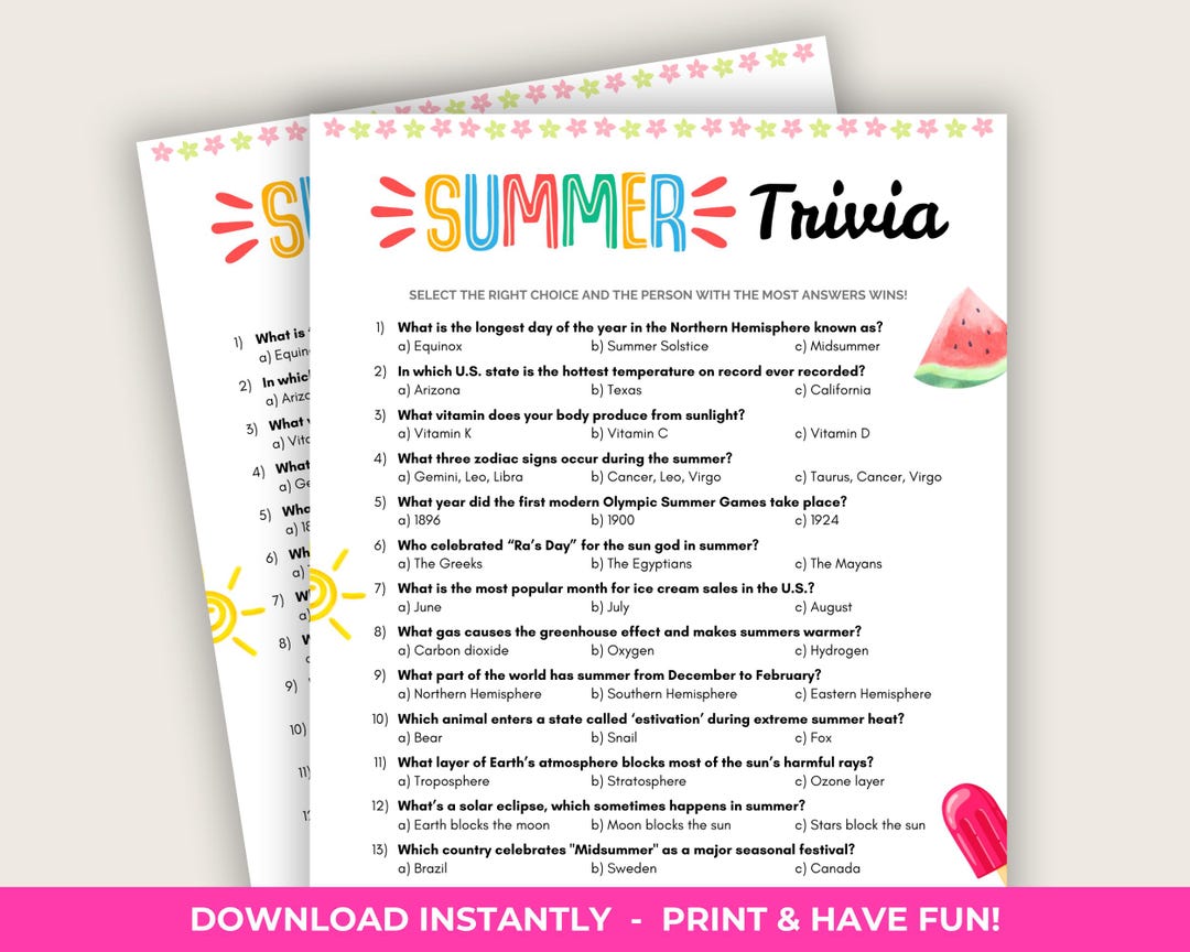 Summer Trivia Game, Summer Party Game,family Games,summer Quiz ...