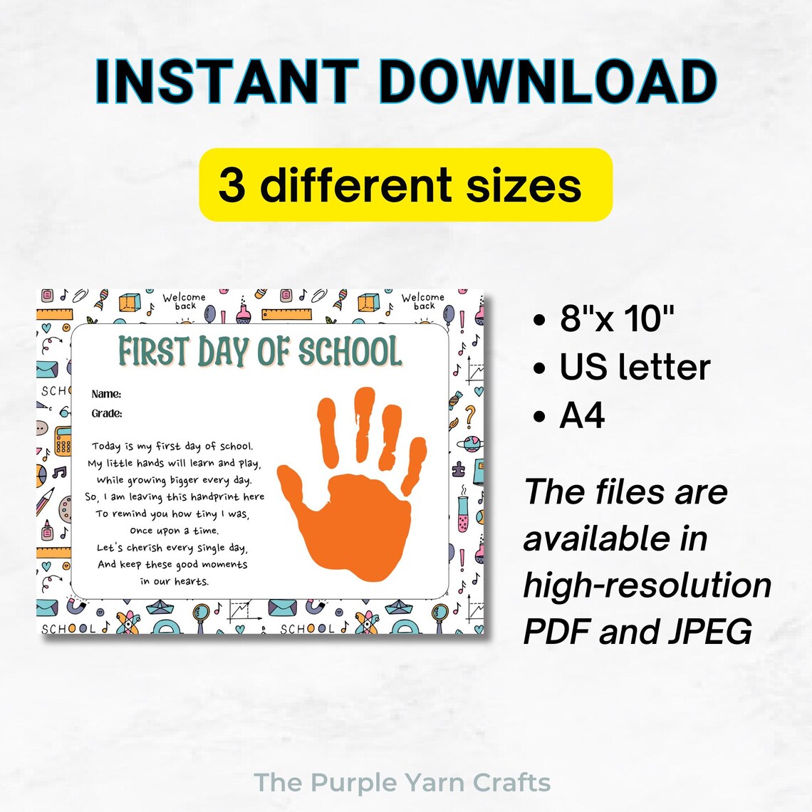 First Day of School Poem Handprint, Kindergarten Preschool Handprint ...