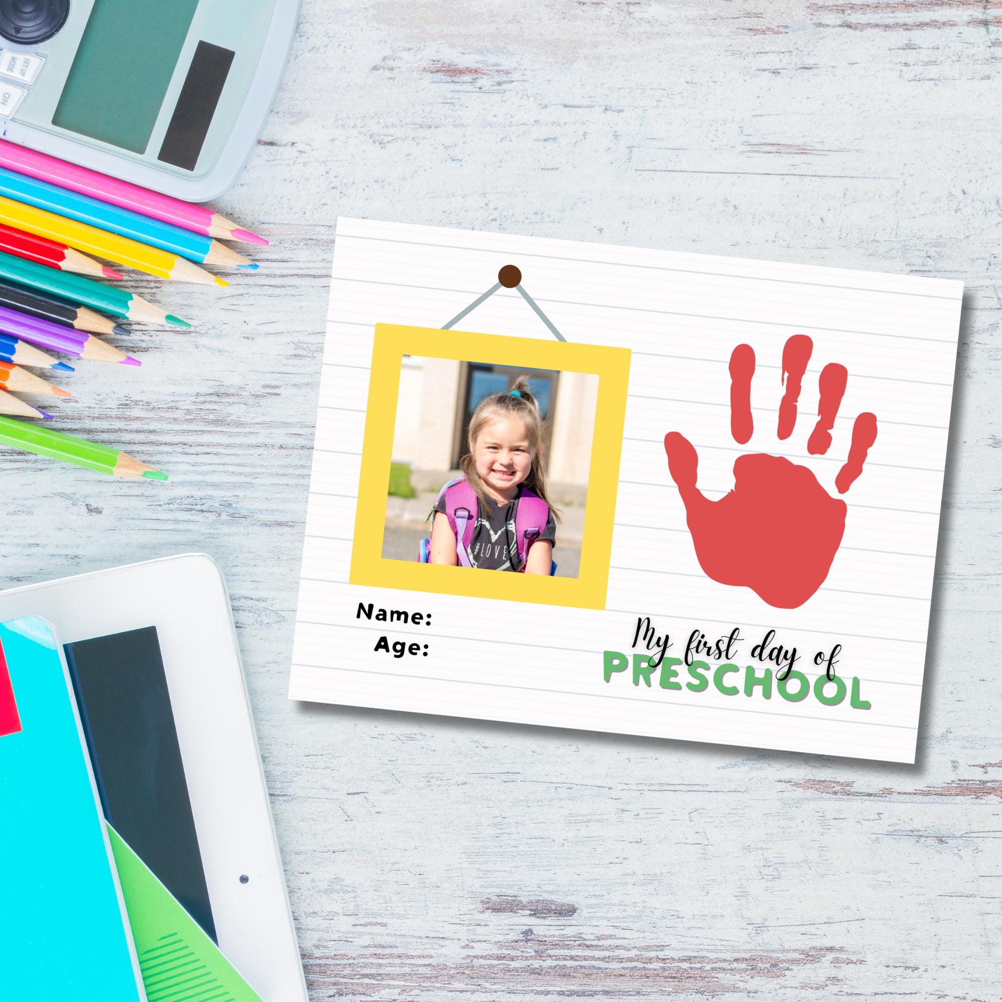 First Day of Preschool Photo Frame Handprint, Printable Back to School ...