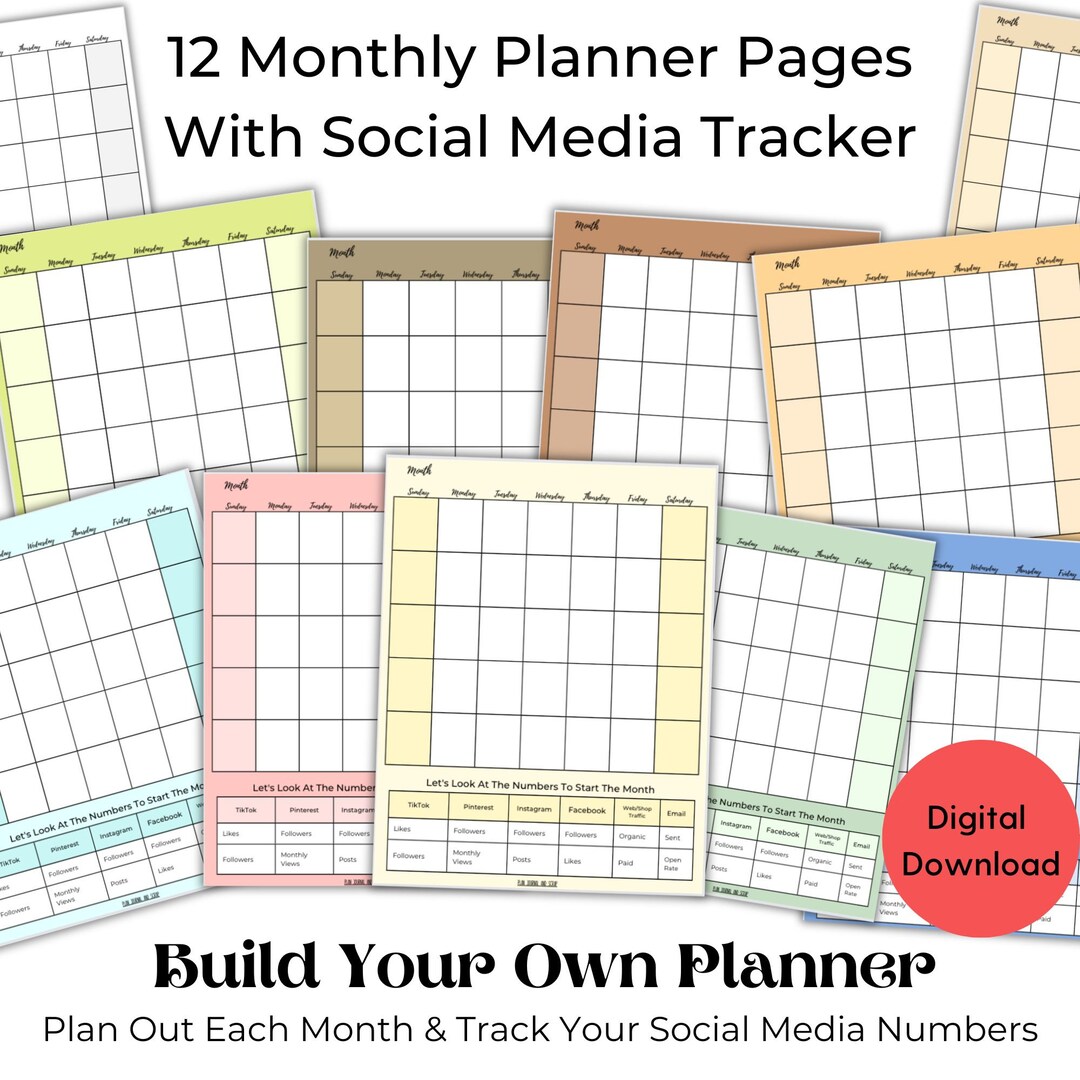 Undated Month Calendar and Social Media Tracker Page, Business Planner ...