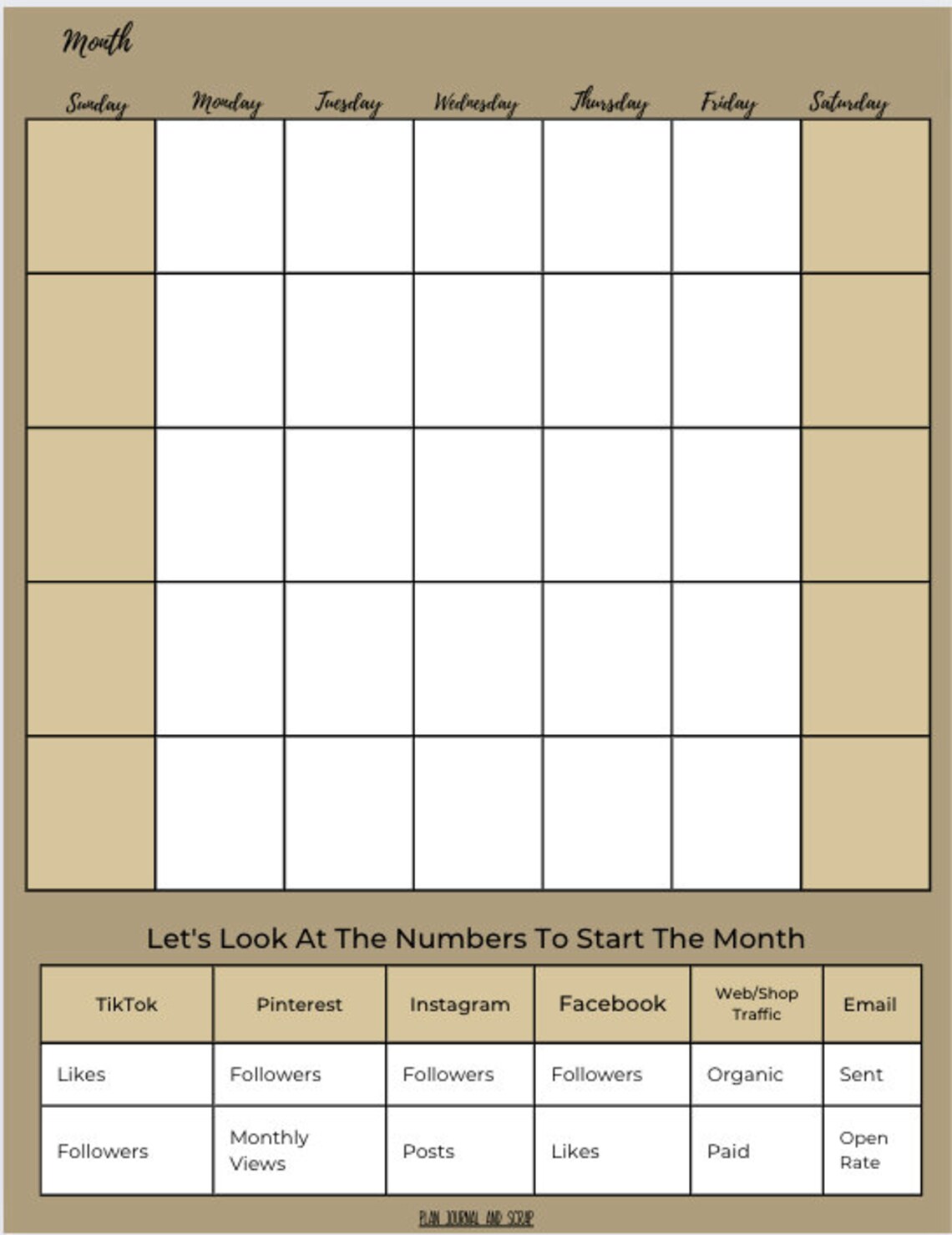 Undated Month Calendar and Social Media Tracker Page, Business Planner ...