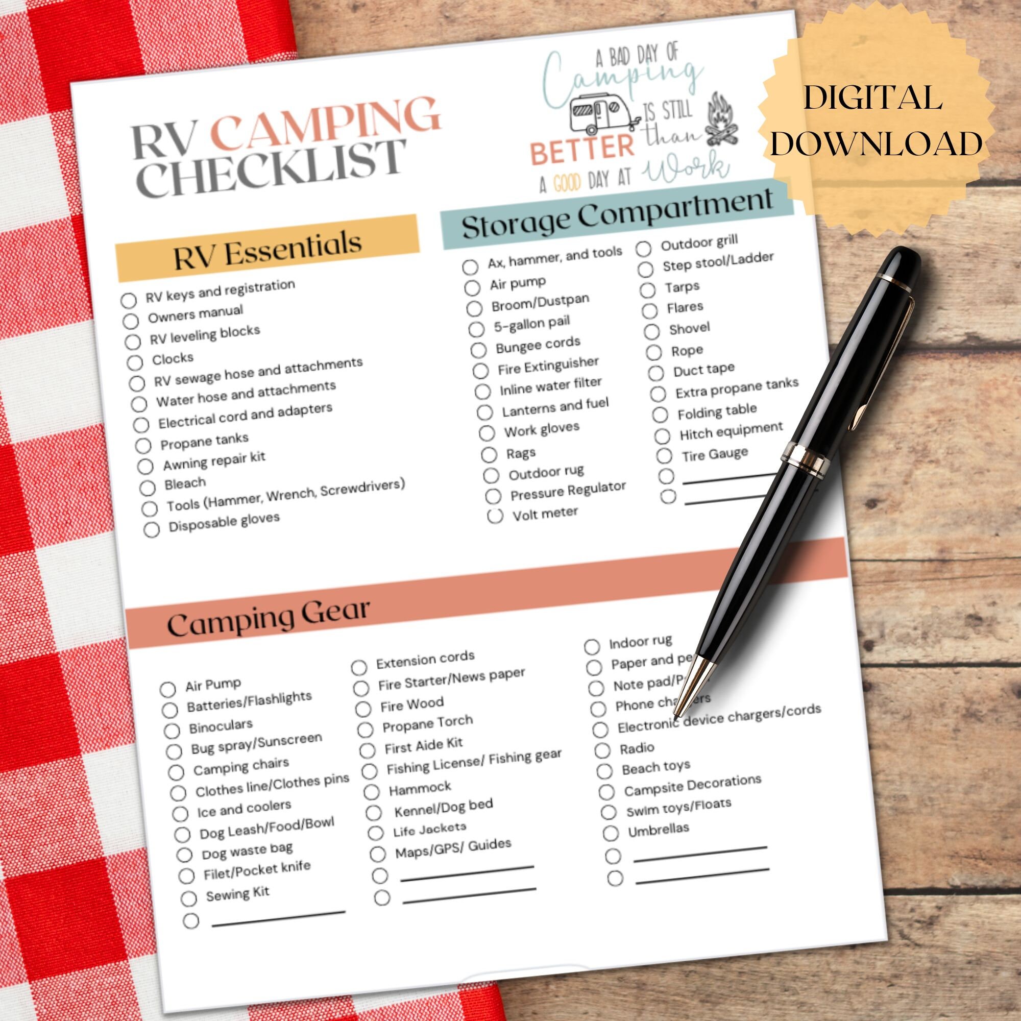 Printable Camping Checklist, Digital Camping Planner, RV Camping ...