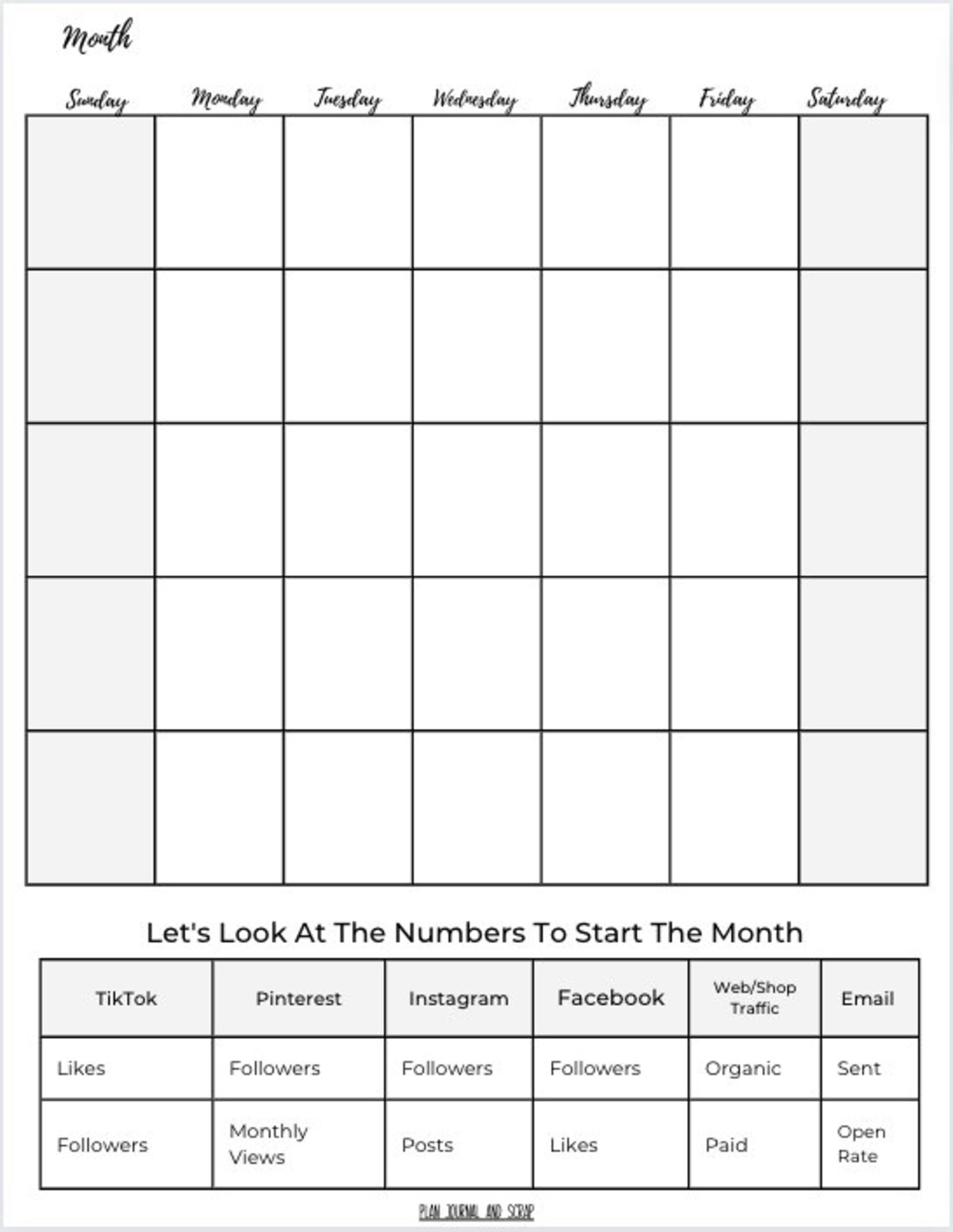 Undated Month Calendar and Social Media Tracker Page, Business Planner ...