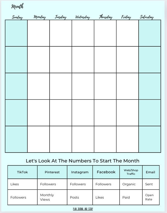 Undated Month Calendar and Social Media Tracker Page, Business Planner ...