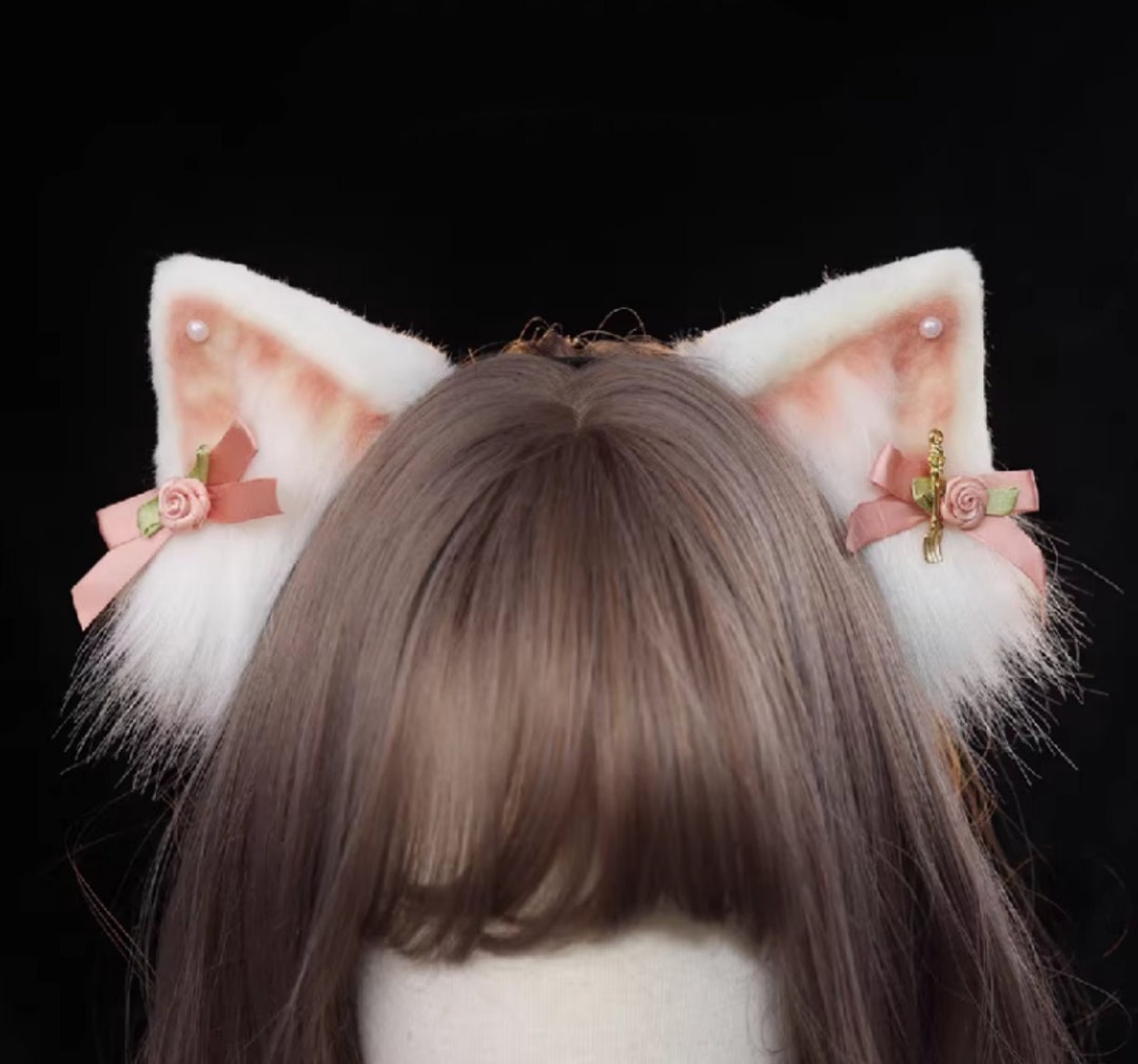 Pink and White Cat Ears, Cosplay Propanimal Costume Headpiece Fox Ears ...