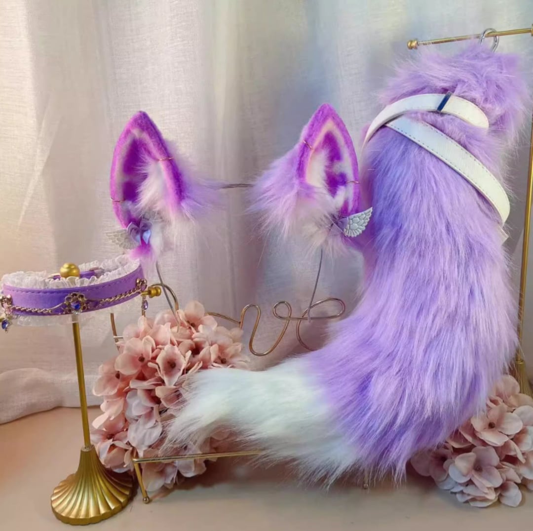 Purple and White Fox Ear Animal Ear Headband, Animal Tail with ...
