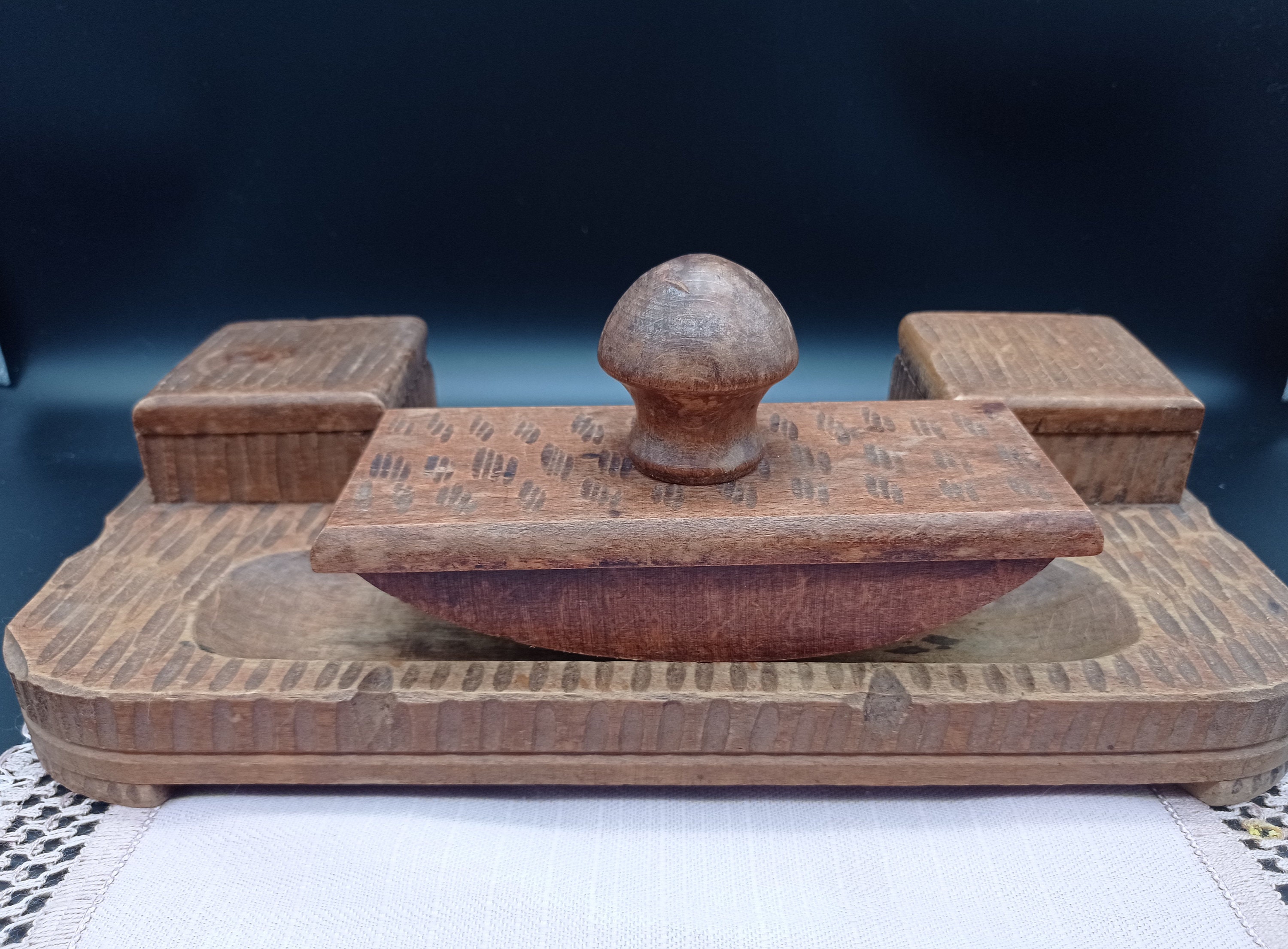 Vintage Wooden Inkwell and Blotter Set, Double Inkwell, Handmade ...