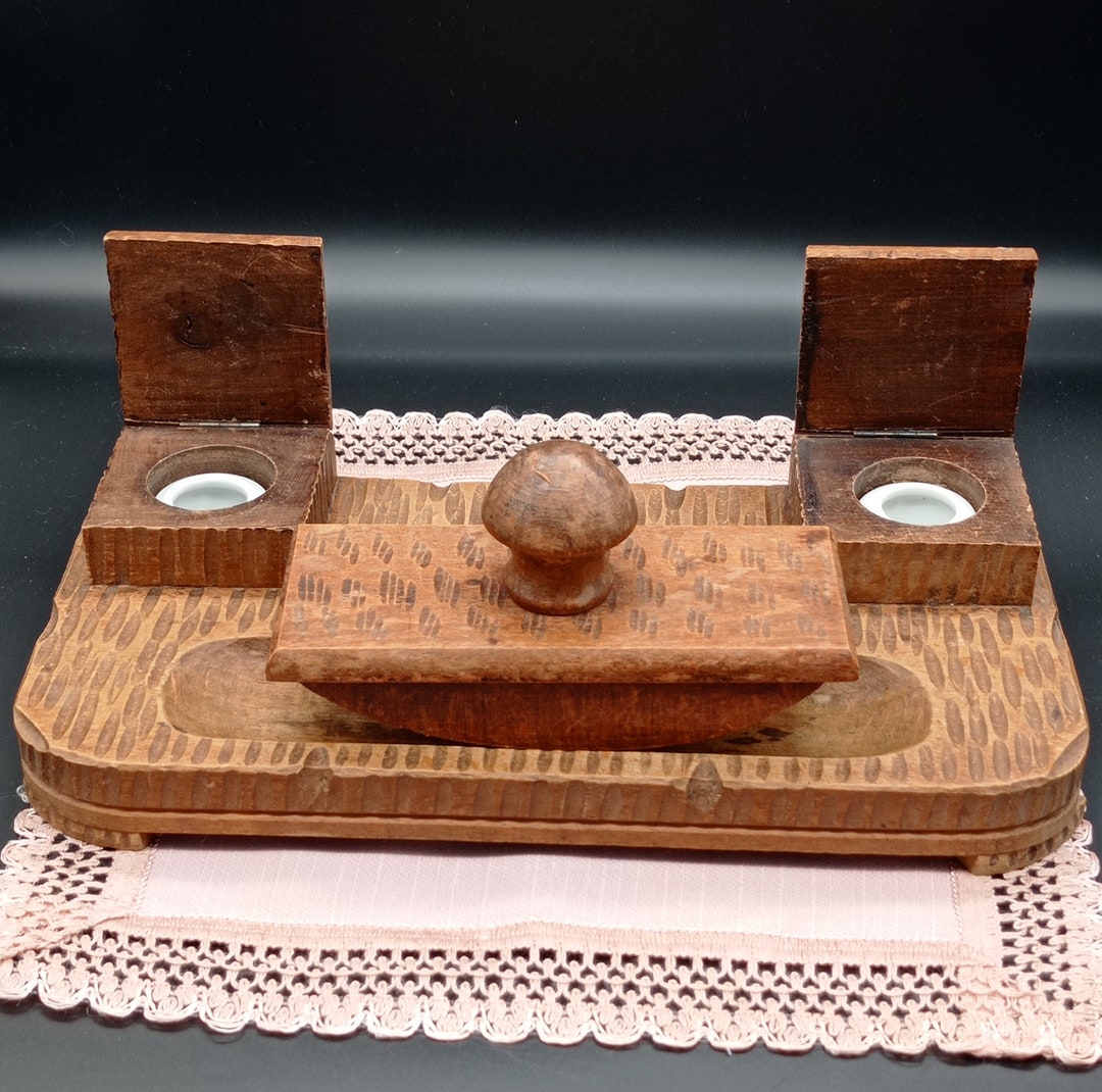 Vintage Wooden Inkwell and Blotter Set, Double Inkwell, Handmade ...