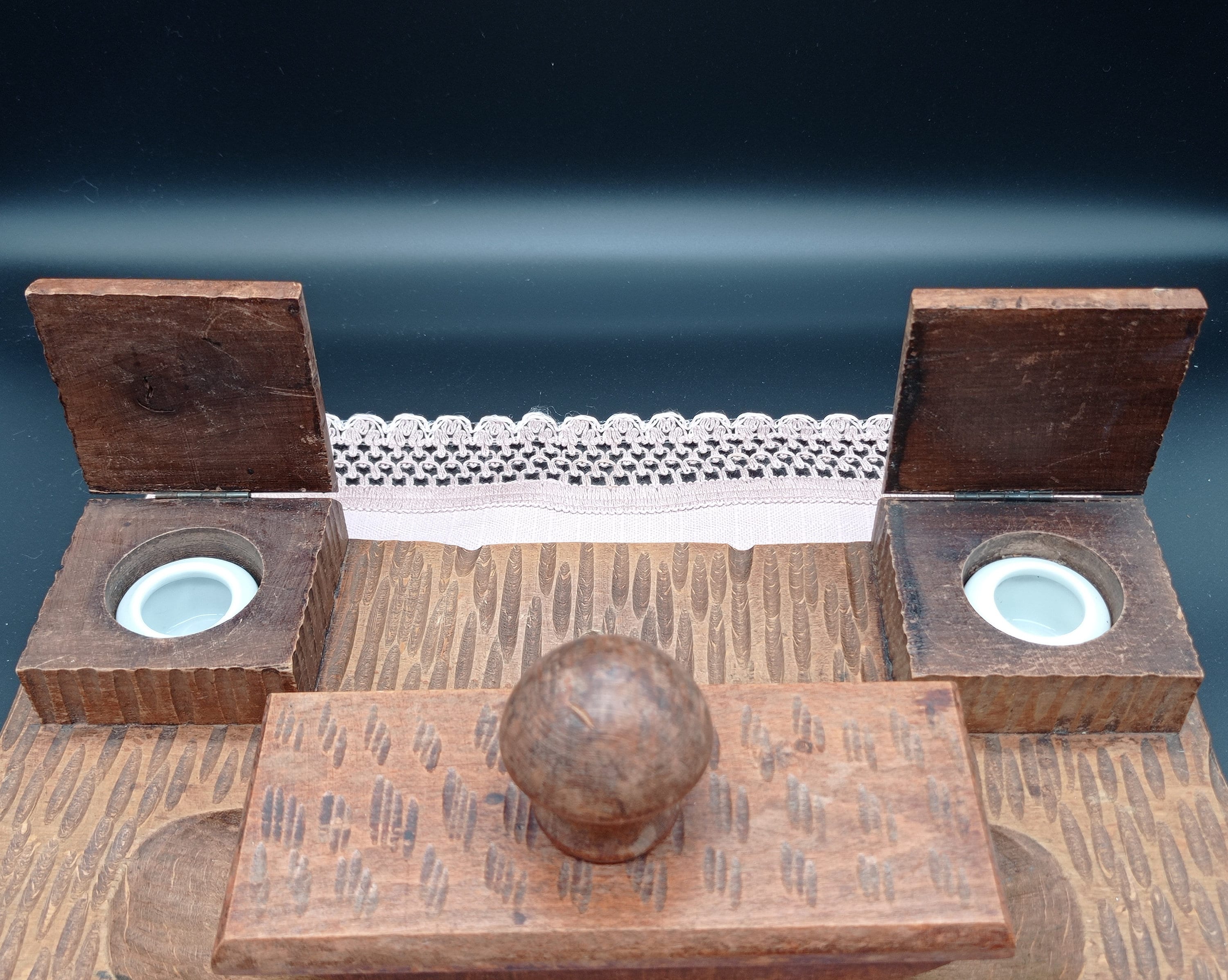 Vintage Wooden Inkwell and Blotter Set, Double Inkwell, Handmade ...