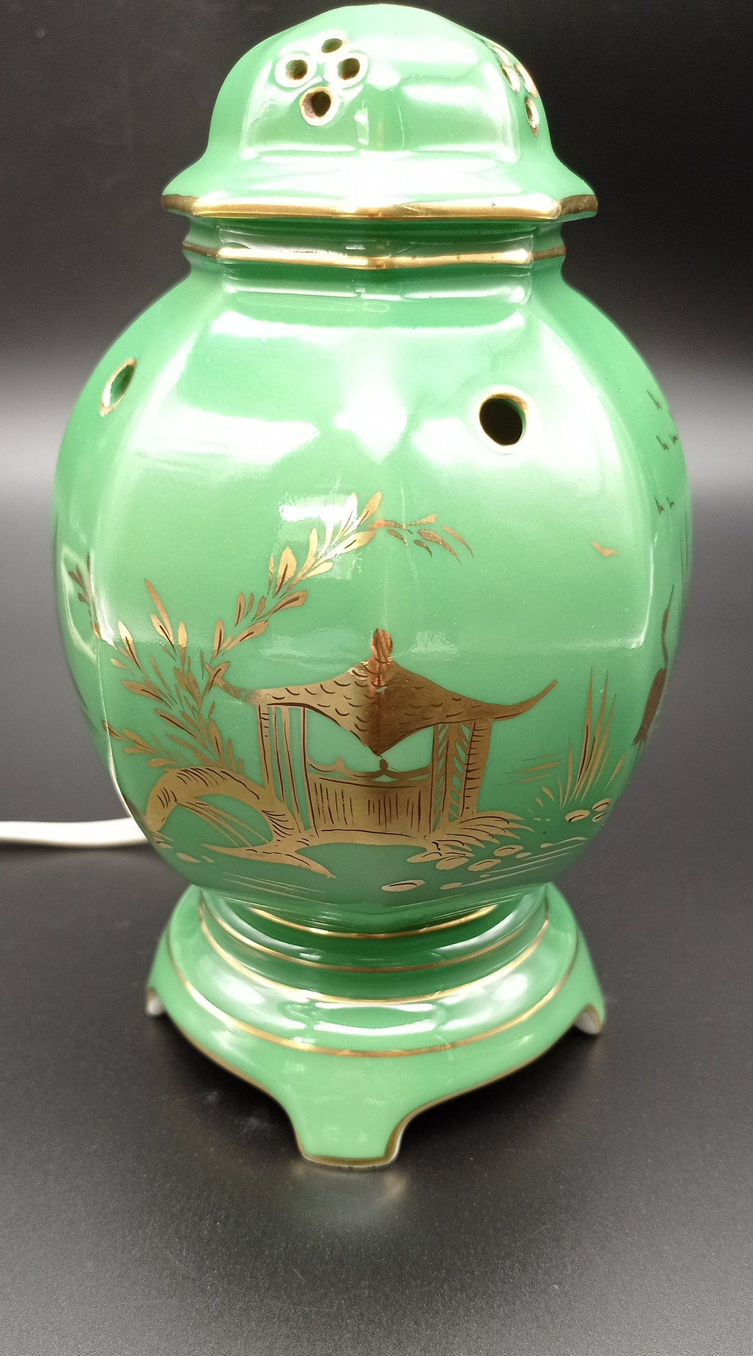 Vintage Dresden Porcelain Perfume Lamp, Green Asian Urn Form Lamp ...
