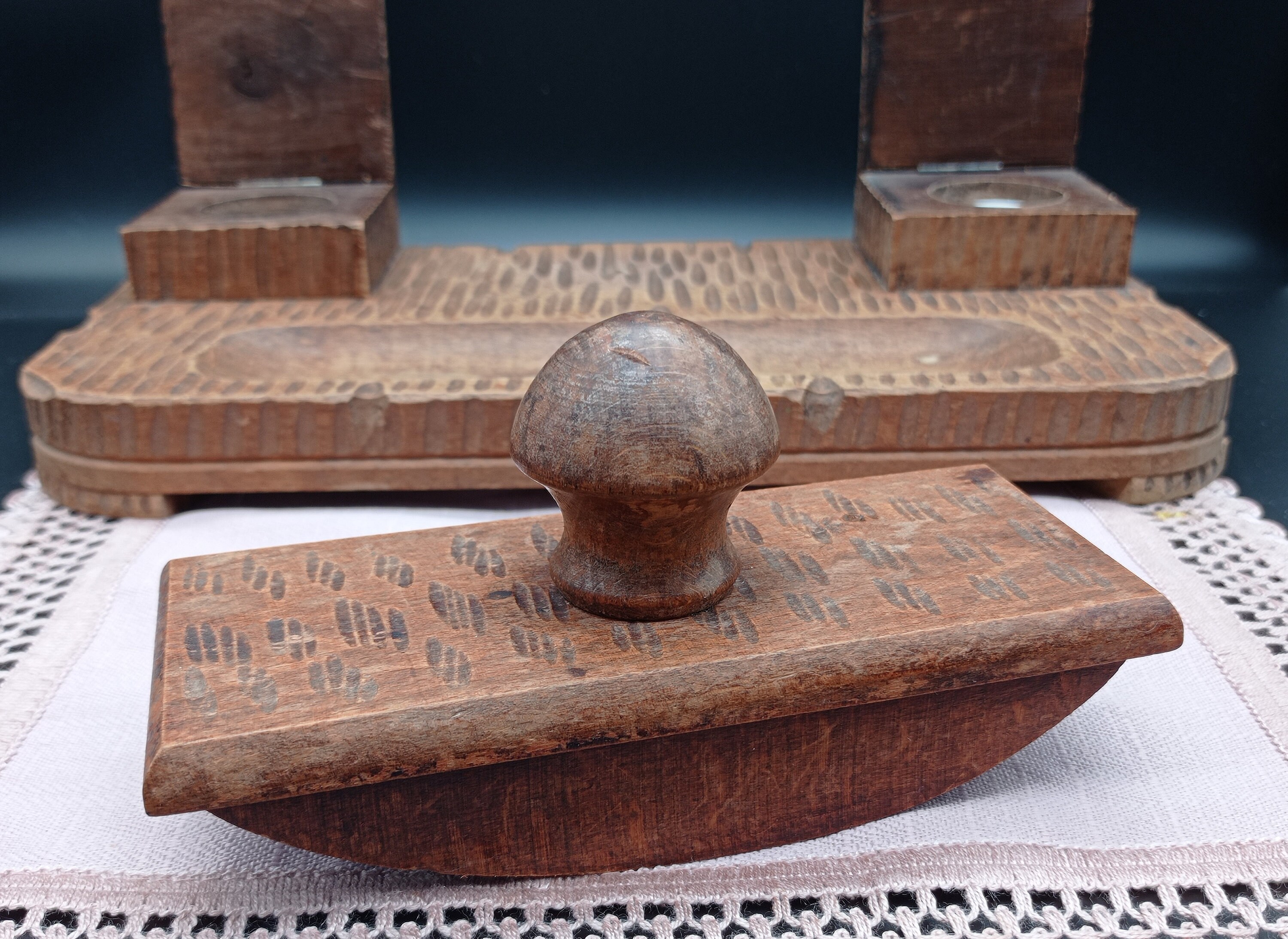 Vintage Wooden Inkwell and Blotter Set, Double Inkwell, Handmade ...