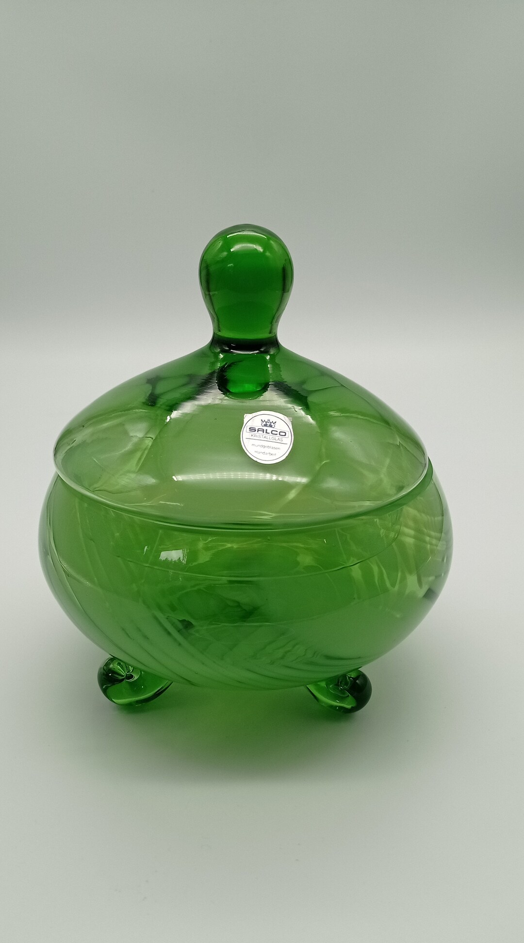 Vintage Salco Kristallglass Green Bowl With Lid, Mouth Blown Sugar Jar ...