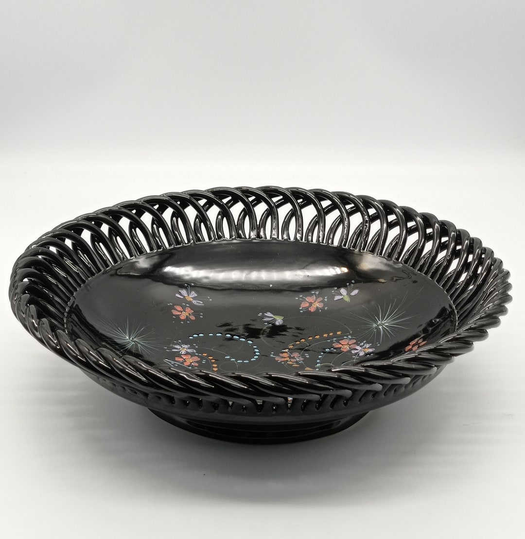 Vintage Castelli Ceramic Fruit Plate, Black Reticulated Rim Fruit Bowl ...