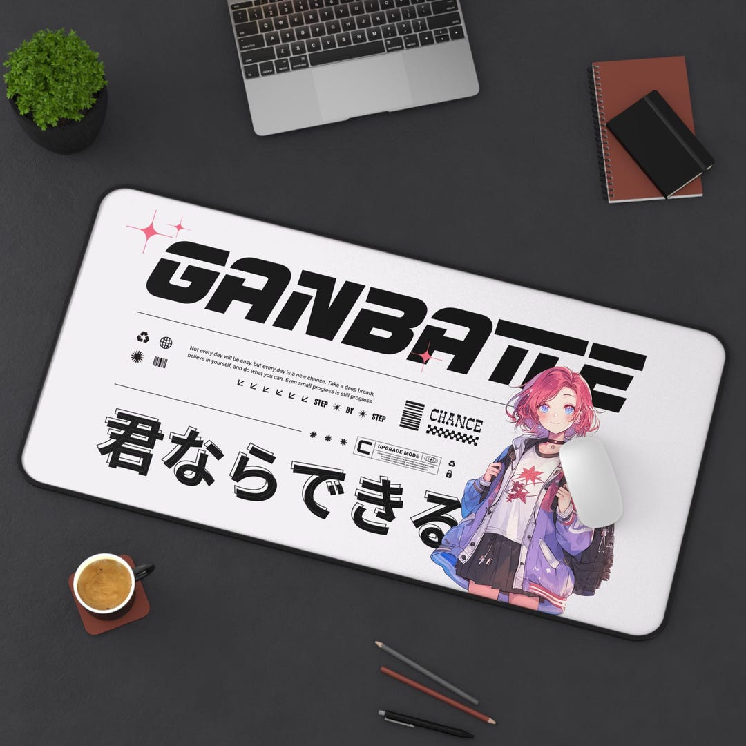 Ganbatte Anime Style Desk Mat With Motivational Quote, Kawaii Girl ...