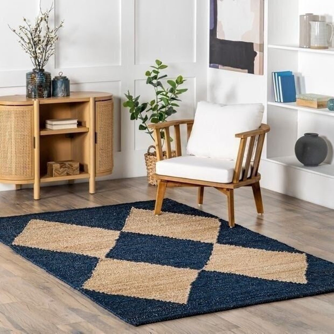 Navy Blue & Beige Jute Rug: Handwoven Indian Hemp, Scandinavian Pattern ...