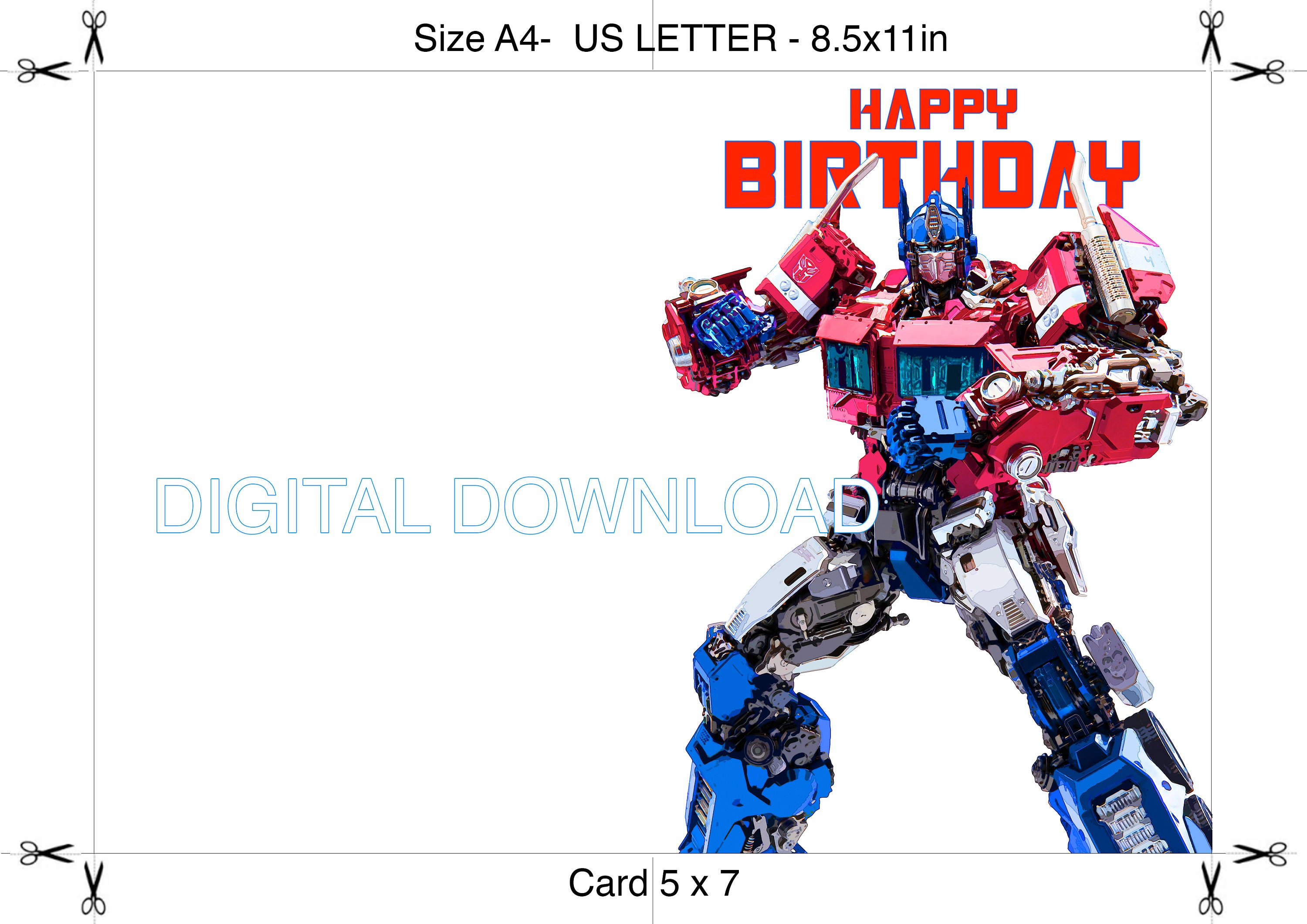 Transfomers Birthday Card, Optimus Prime ,instant Download, Rescue Bots ...