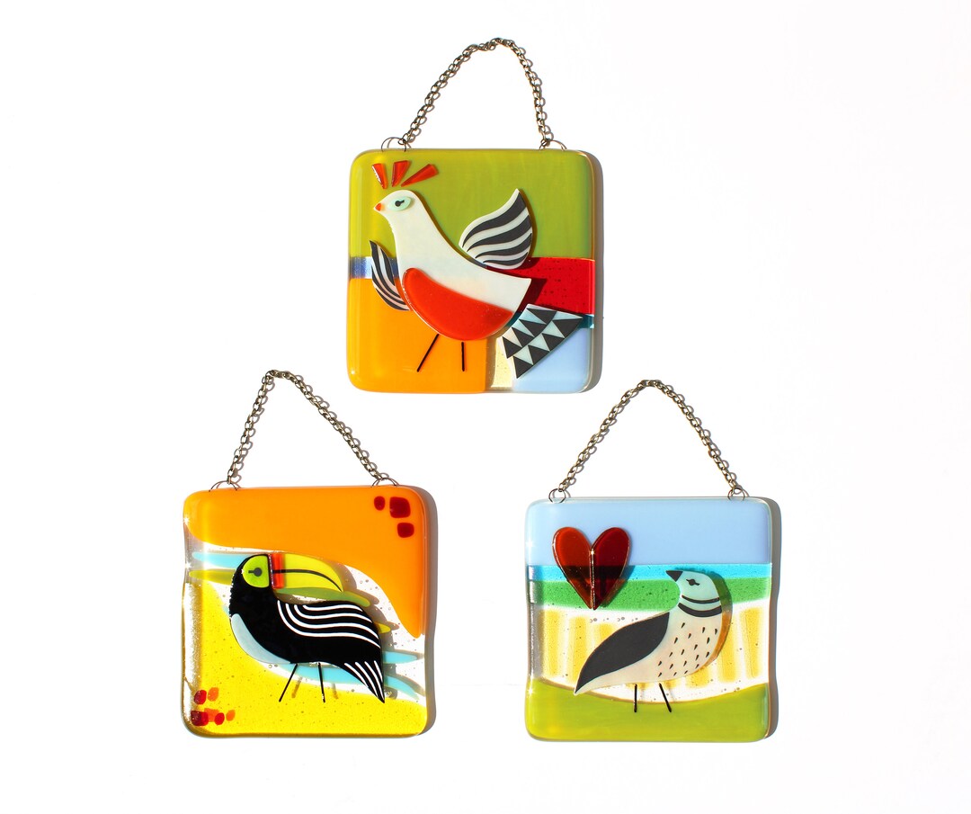 Funky Fused Glass Bird Trio, Set of 3 Glass Wall Tiles, Colorful Home ...