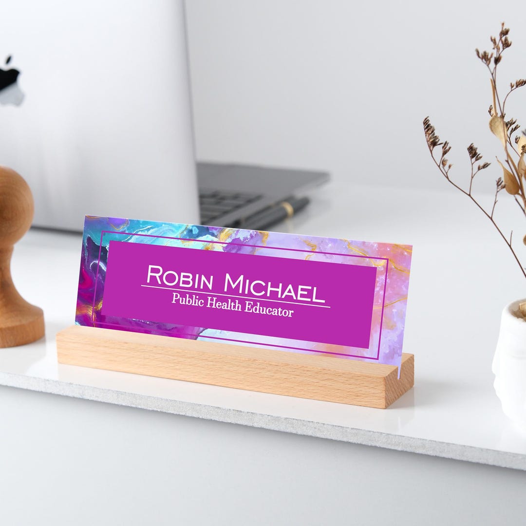 Custom Acrylic Desk Name Plate: Modern Wood Base Office Sign - Etsy