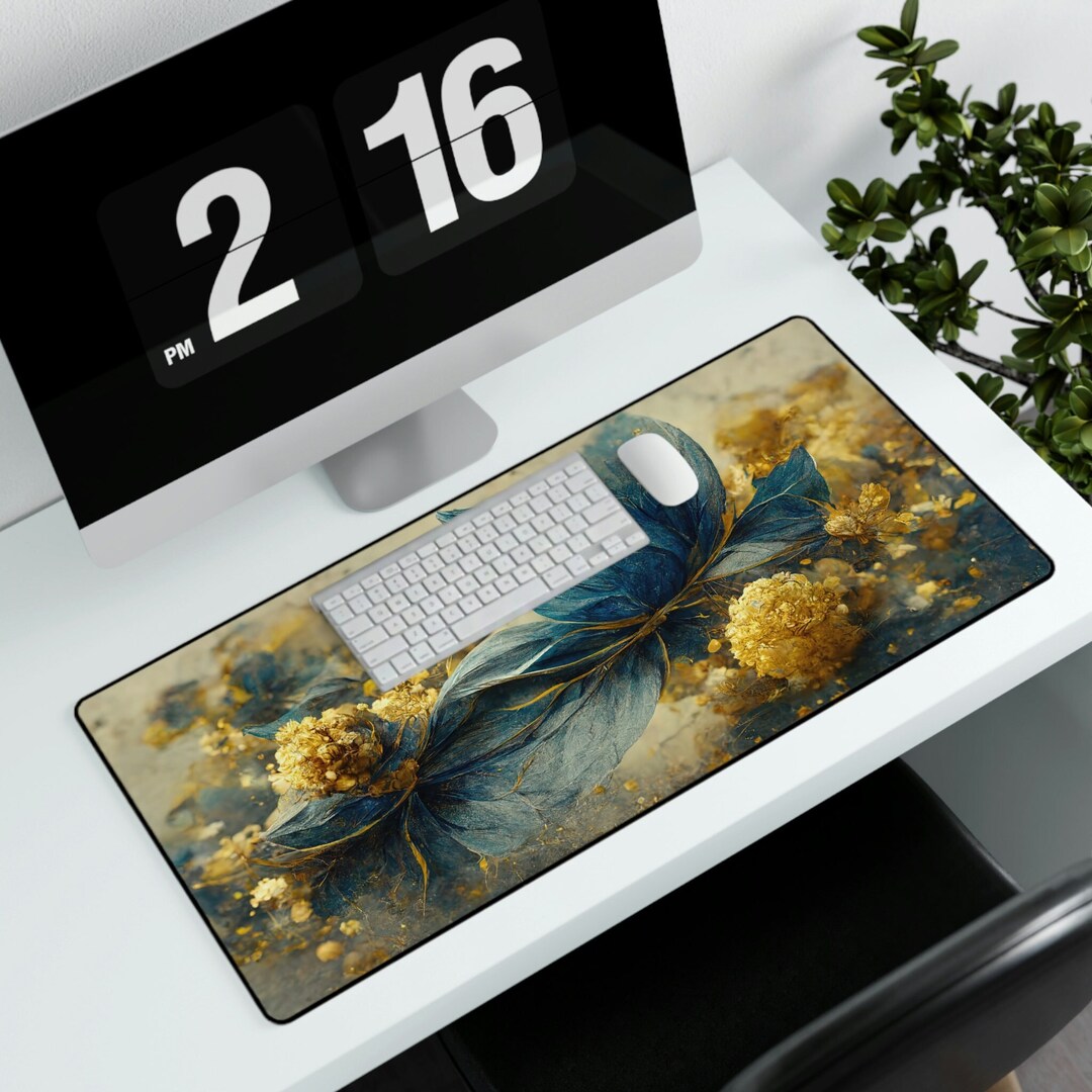 Luxury Gold & Blue Desk Mat Aesthetic, Floral Botanical Desk ...