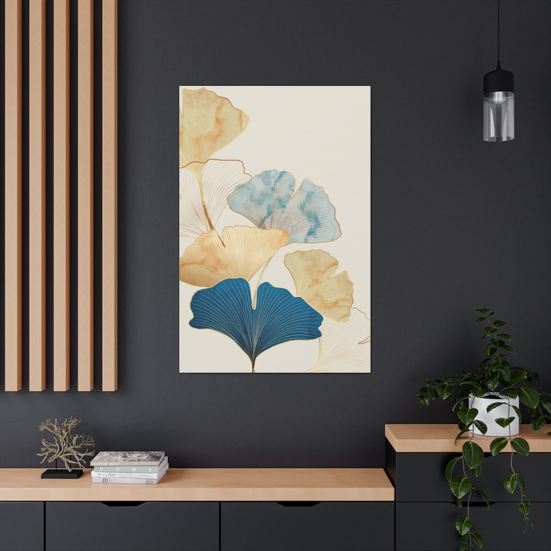 Ginko Leaf Wall Art - Gold and Blue Ginkgo Leaves Decor, Gingko Biloba ...