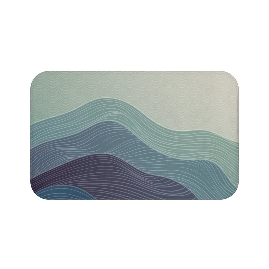 Japanese Pattern Bath Mat, Blue Ocean Waves Bathroom Decor, Art Deco ...