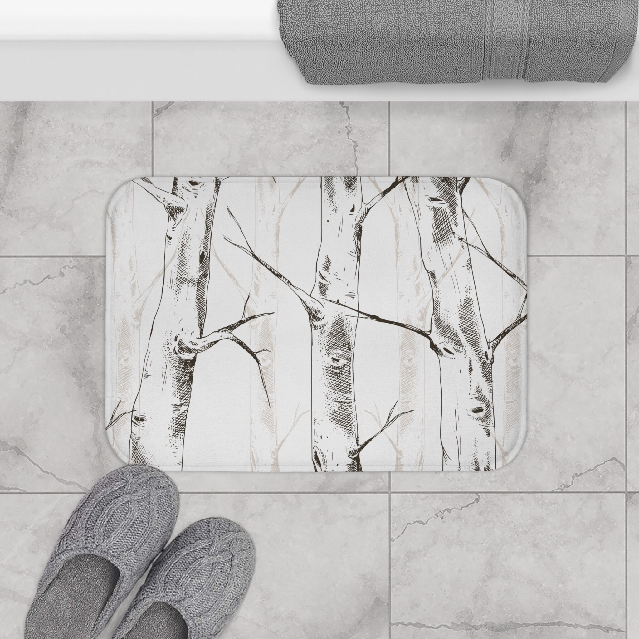 Forest Trees Bath Mat, Goblincore Shower Decor, Birch Vintage Woodland ...
