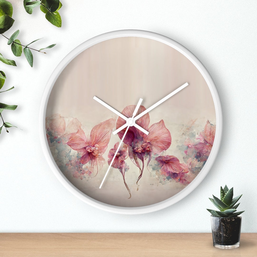 Floral Wall Clock Pink Watercolor Flowers Wall Art Vintage Wood Clock ...