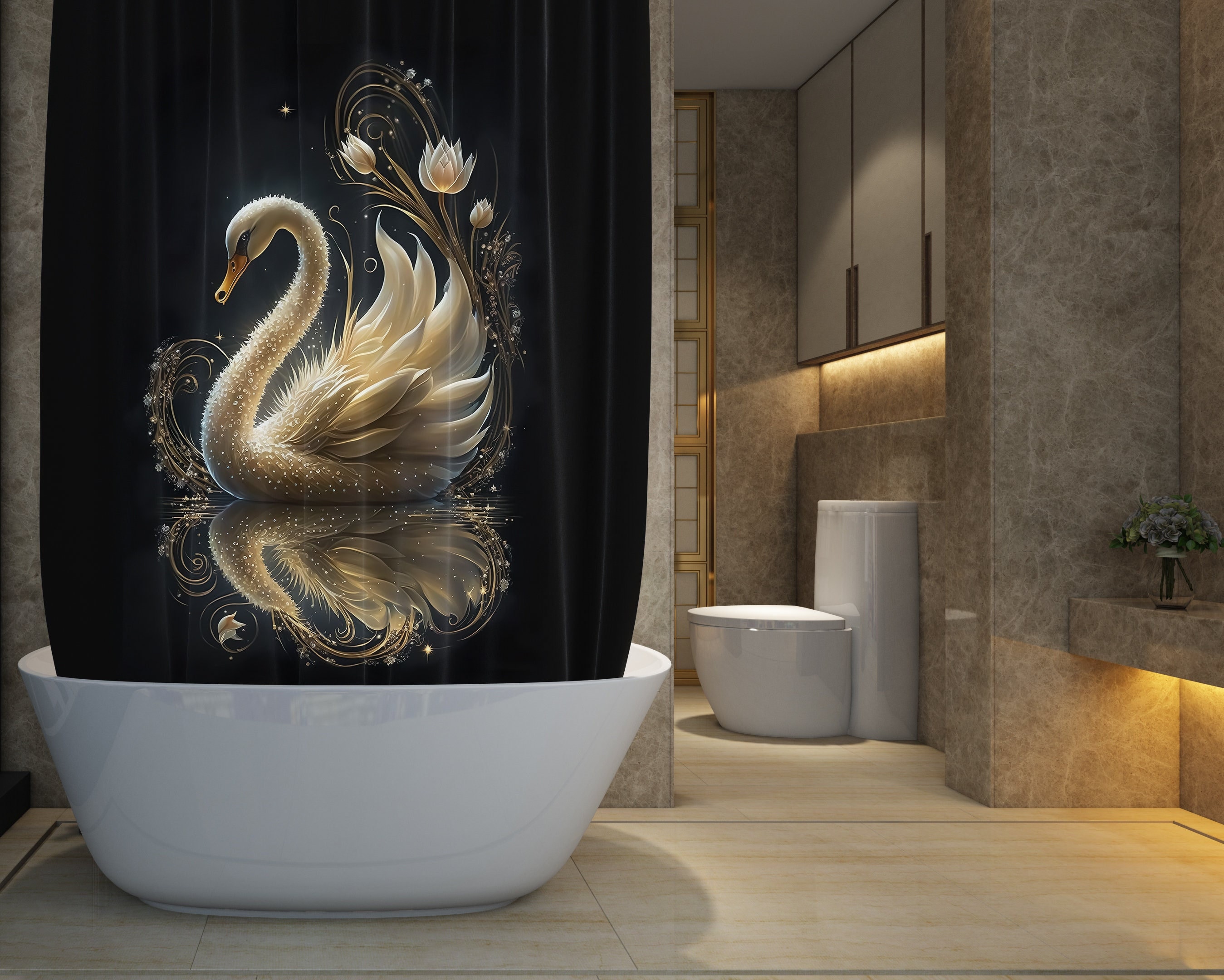 Golden Swan Shower Curtain, Luxury Water Lily Lotus Bathroom Curtains ...