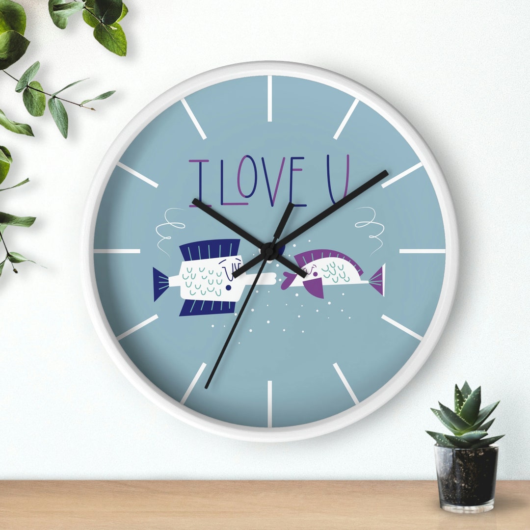 Funny Wall Clock, Valentine Kissing Fishes, Wood Round Clock 10, I Love ...