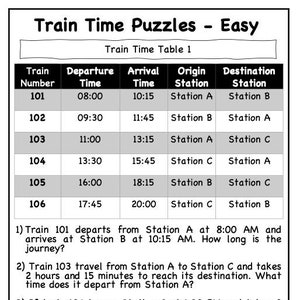 5 Page Printable Train Timetable Math Challenge: Easy Comprehension ...