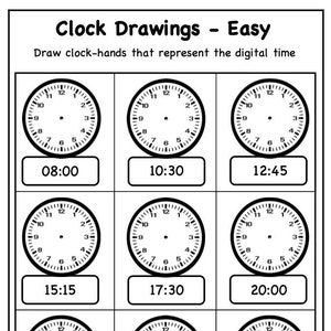 4 Page Printable Time-telling Fun: Draw Clock Hands for 24-hour Times ...