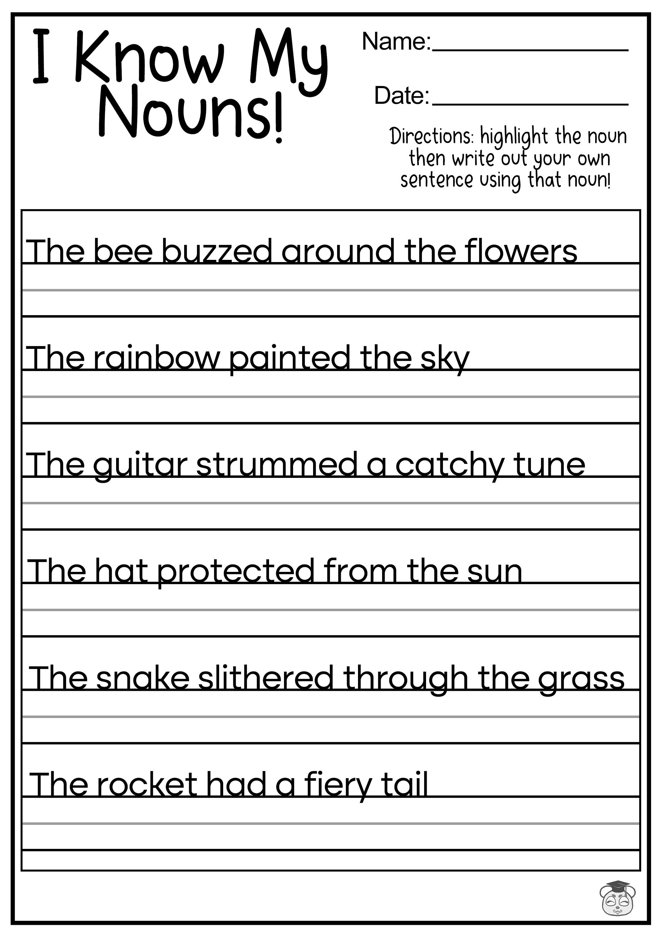 9 Printable Noun Highlighting & Sentence Building English Worksheets ...