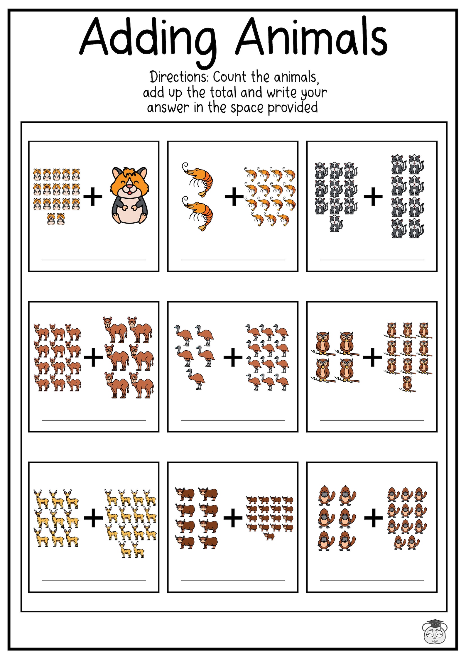 5 Printable Animal Addition Math Worksheet! Addition Practice Using ...