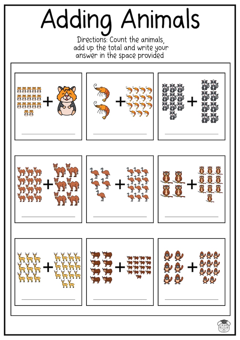5 Printable Animal Addition Math Worksheet! Addition Practice Using ...