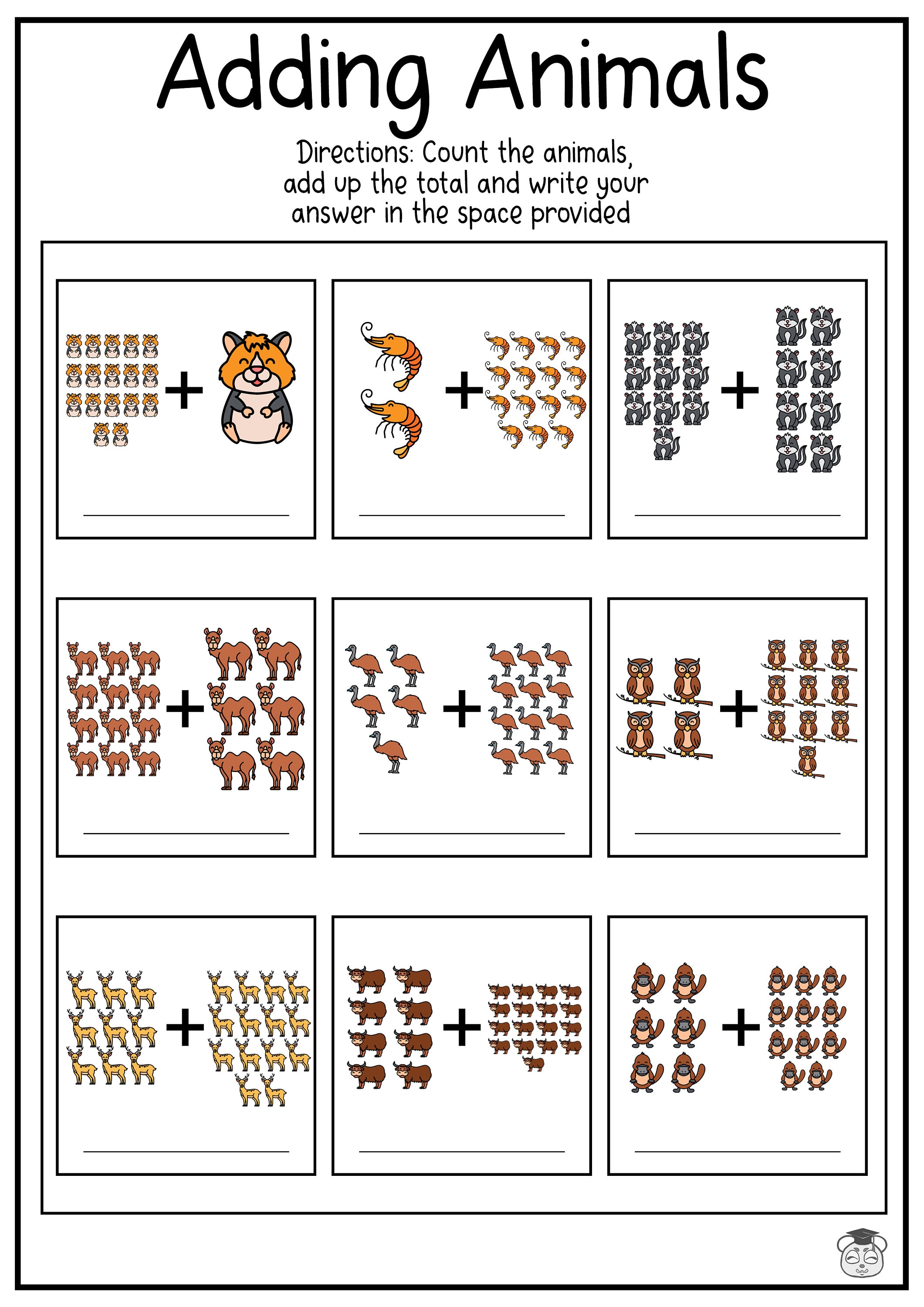 5 Printable Animal Addition Math Worksheet! Addition Practice Using ...