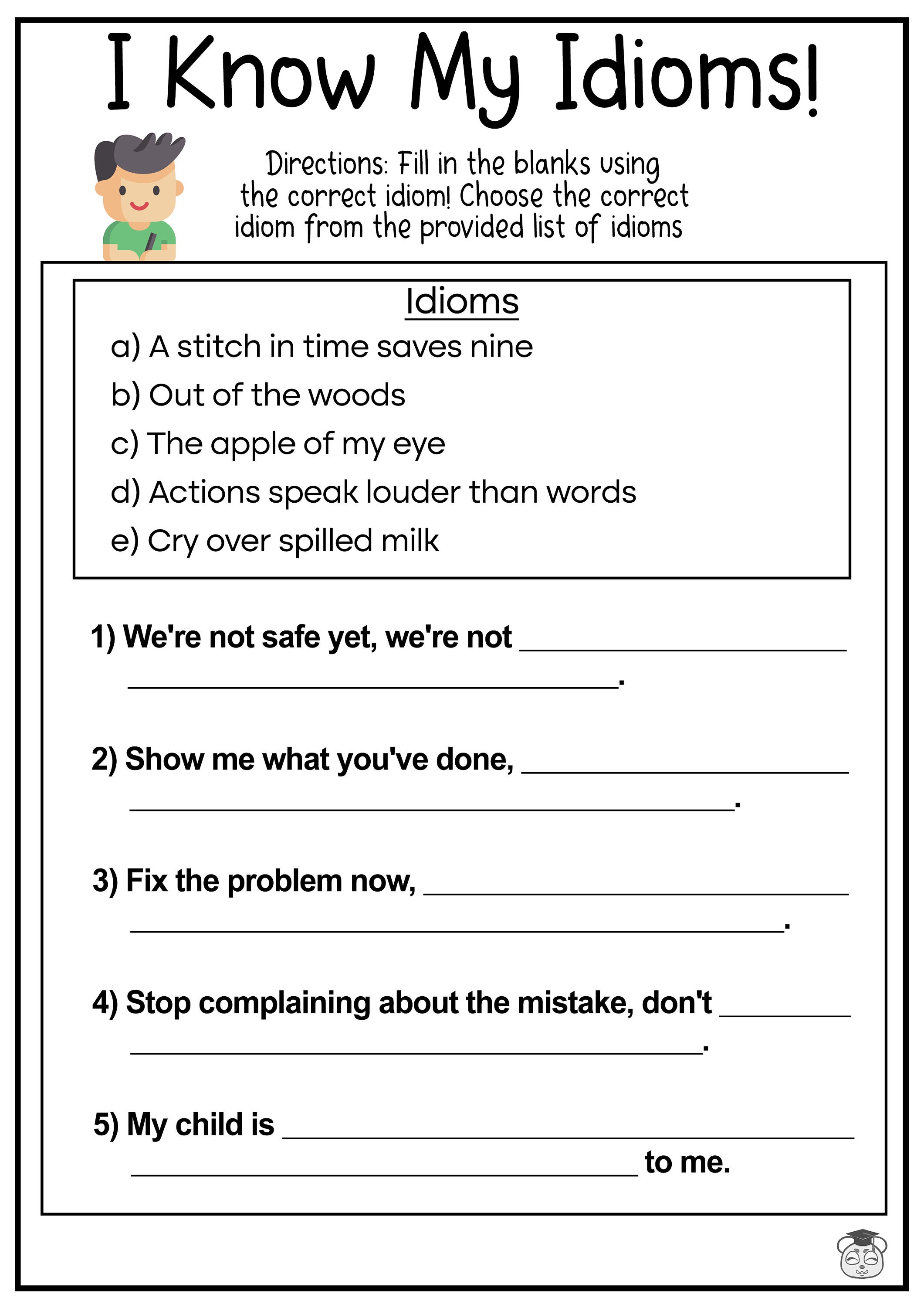 8 Printable "fill in the Blanks" Idioms English Worksheets! Fill in the ...